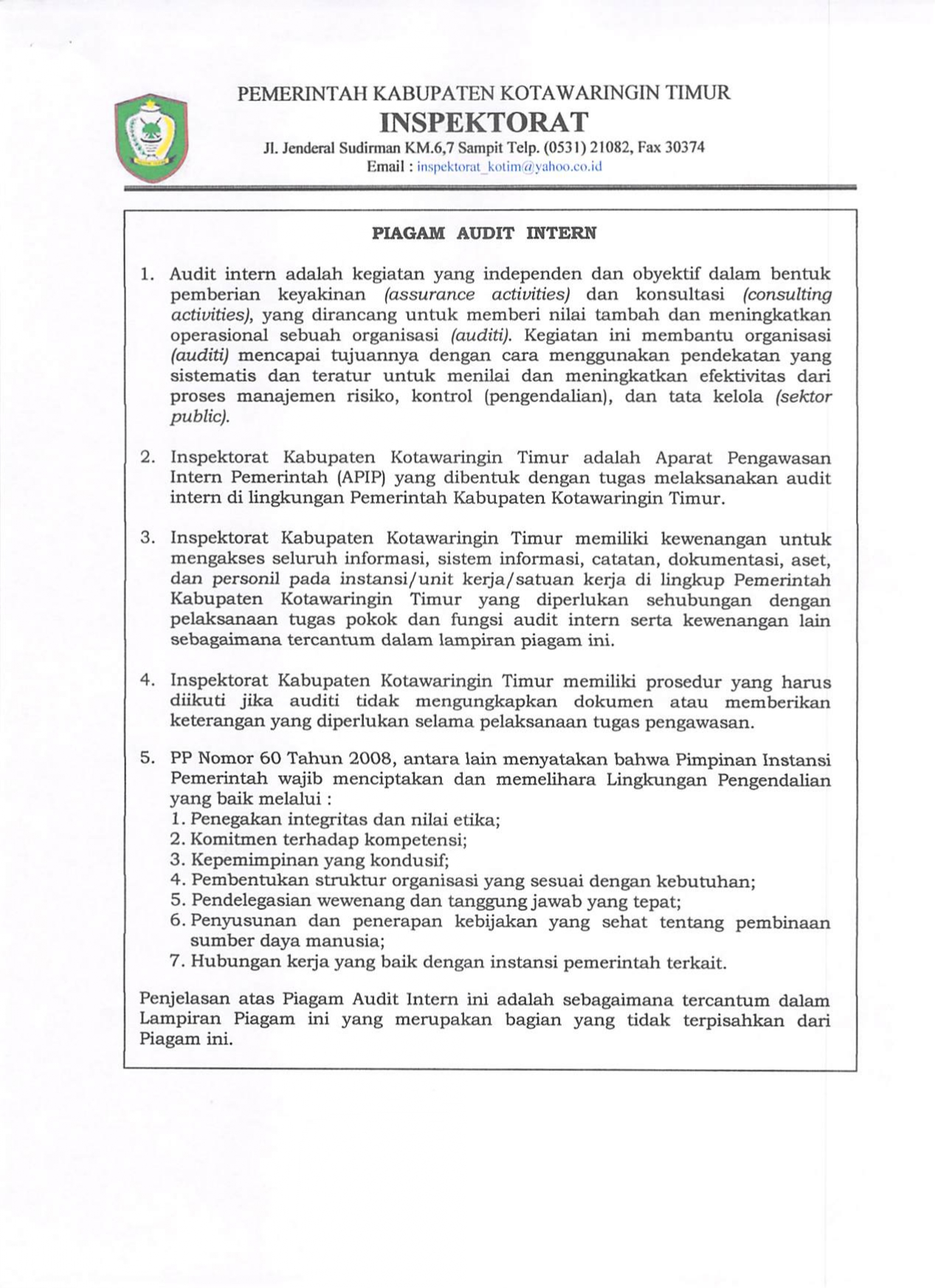 Internal Audit Charter – INSPEKTORAT DAERAH KABUPATEN KOTAWARINGIN TIMUR